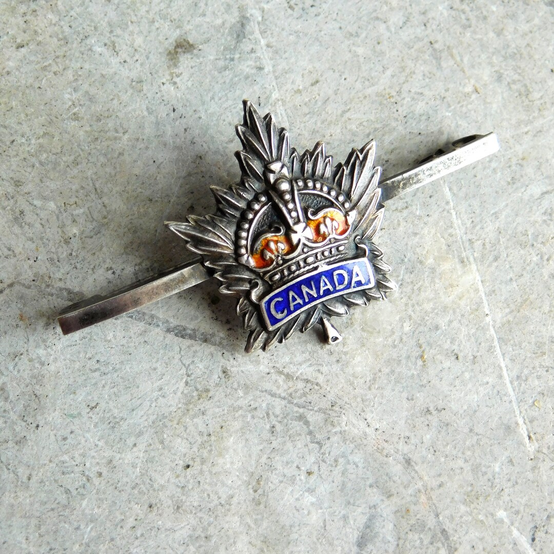 Antique Sterling Silver WWI Canadian Brooch - Blue, Orange Enamel ...