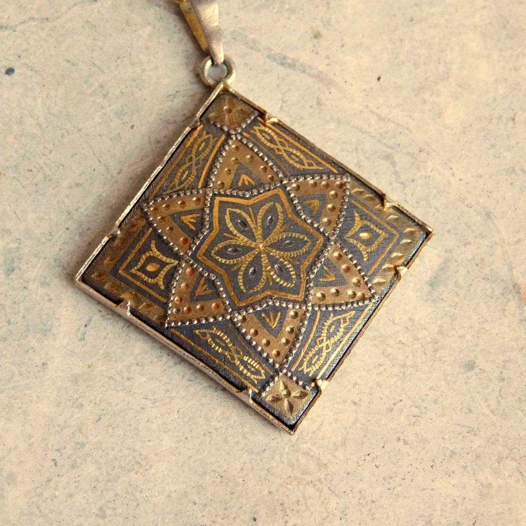 Vintage Spanish Damascene Pendant Necklace Prong-set Square Diagonal ...