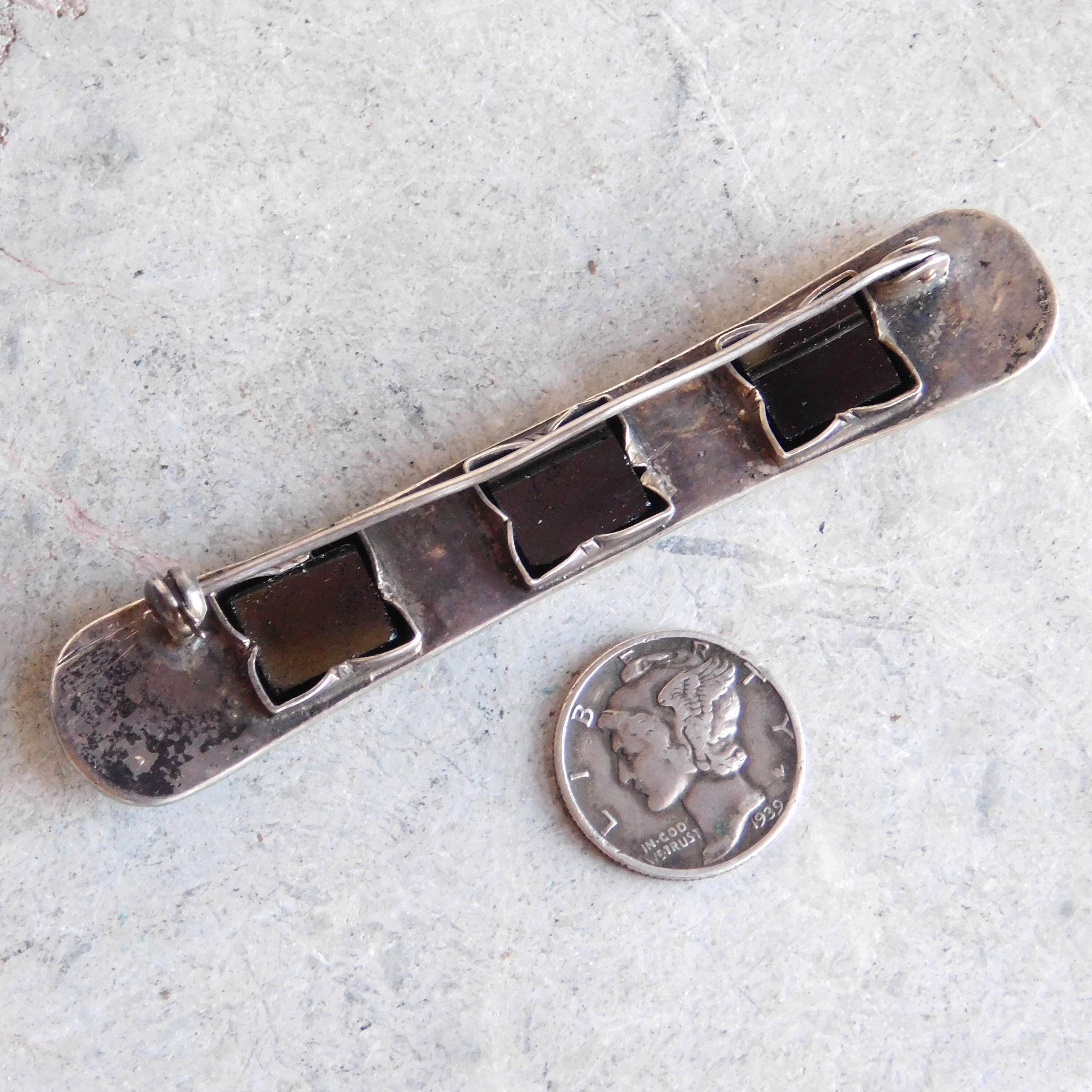 Vintage Sterling Silver Art Deco Bar Pin - Onyx and Marcasites - 3-1/8 ...