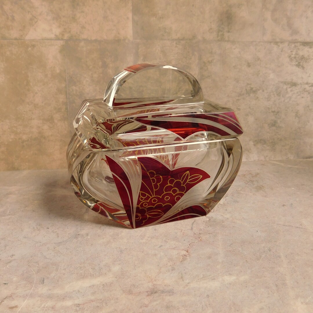 Vintage Art Deco Heavy Glass Dresser Box / Vanity Box Cear W/ Ruby and ...