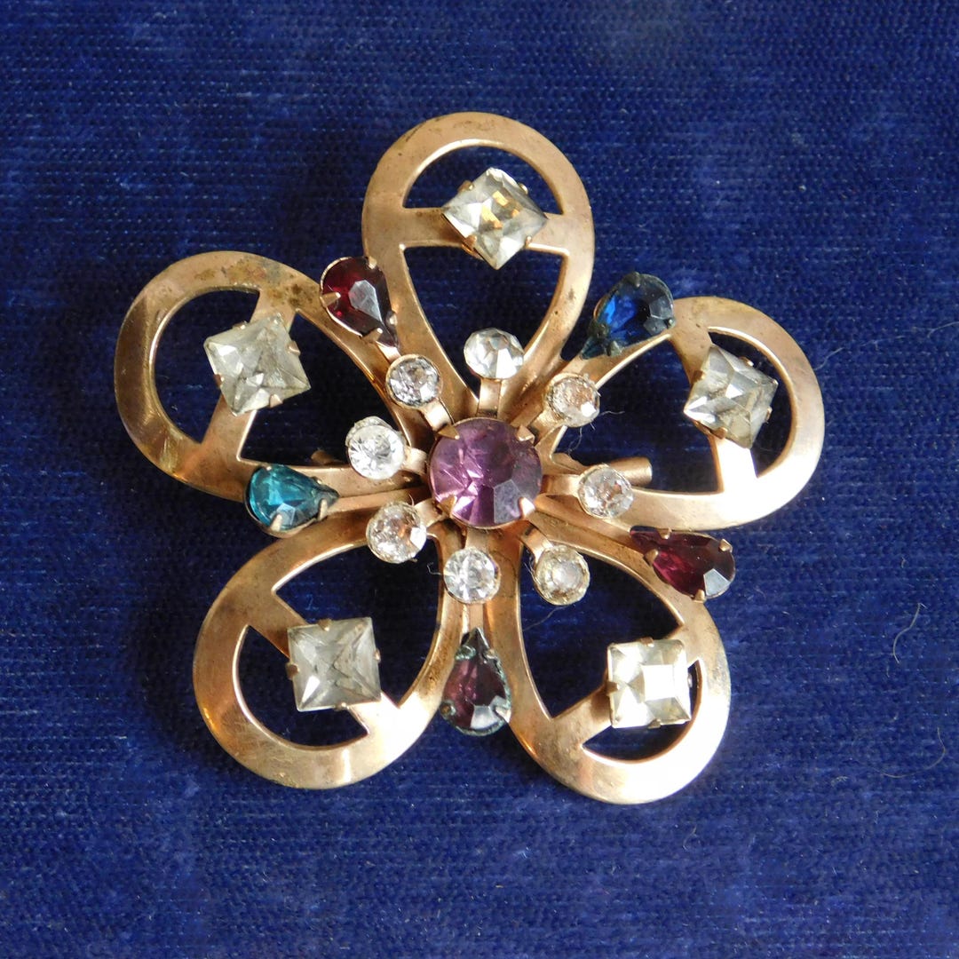 Vintage Mid-century Rhinestone Flower Brooch - 1950s Pin - Rose-gold ...