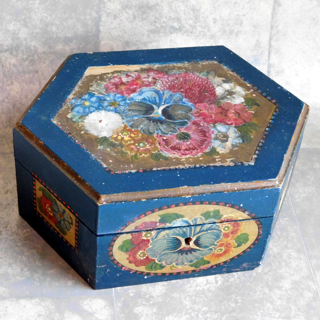 Vintage Hand-painted Wooden Jewelry Box / Trinket Box - Hexagonal ...