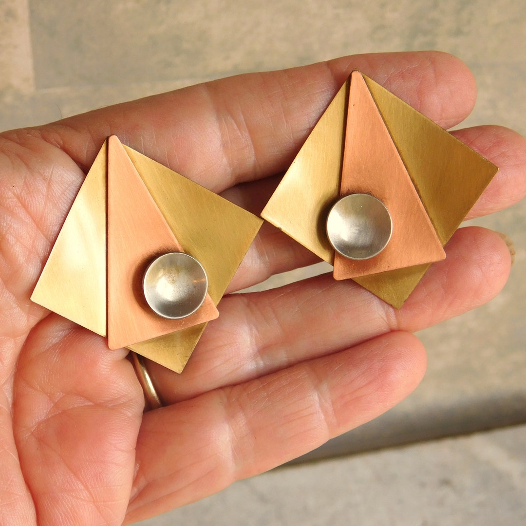 Vintage Modernist Tri-color Metal Earrings - Brass, Copper, Silver ...