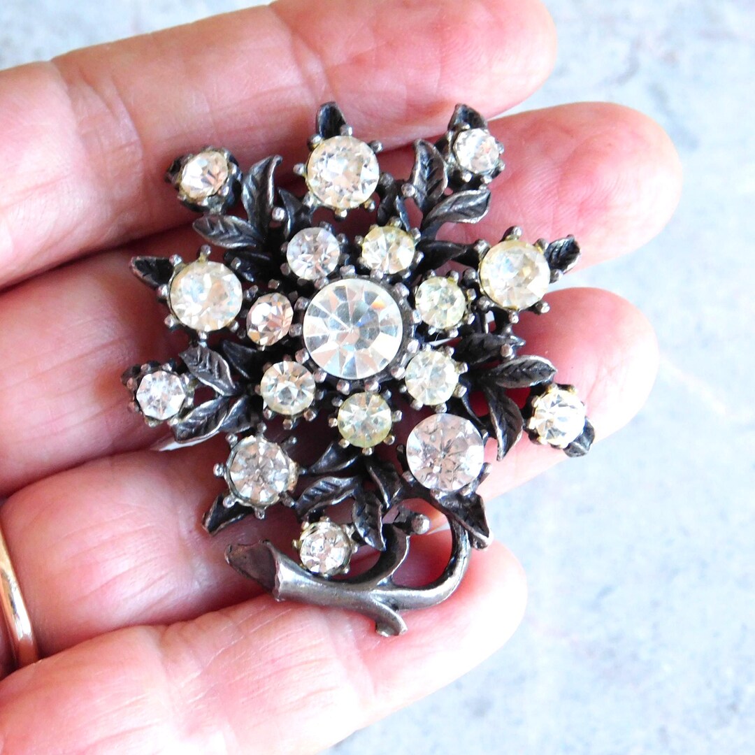 Vintage Old Coro Sterling Silver and Clear Rhinestone Floral Brooch ...