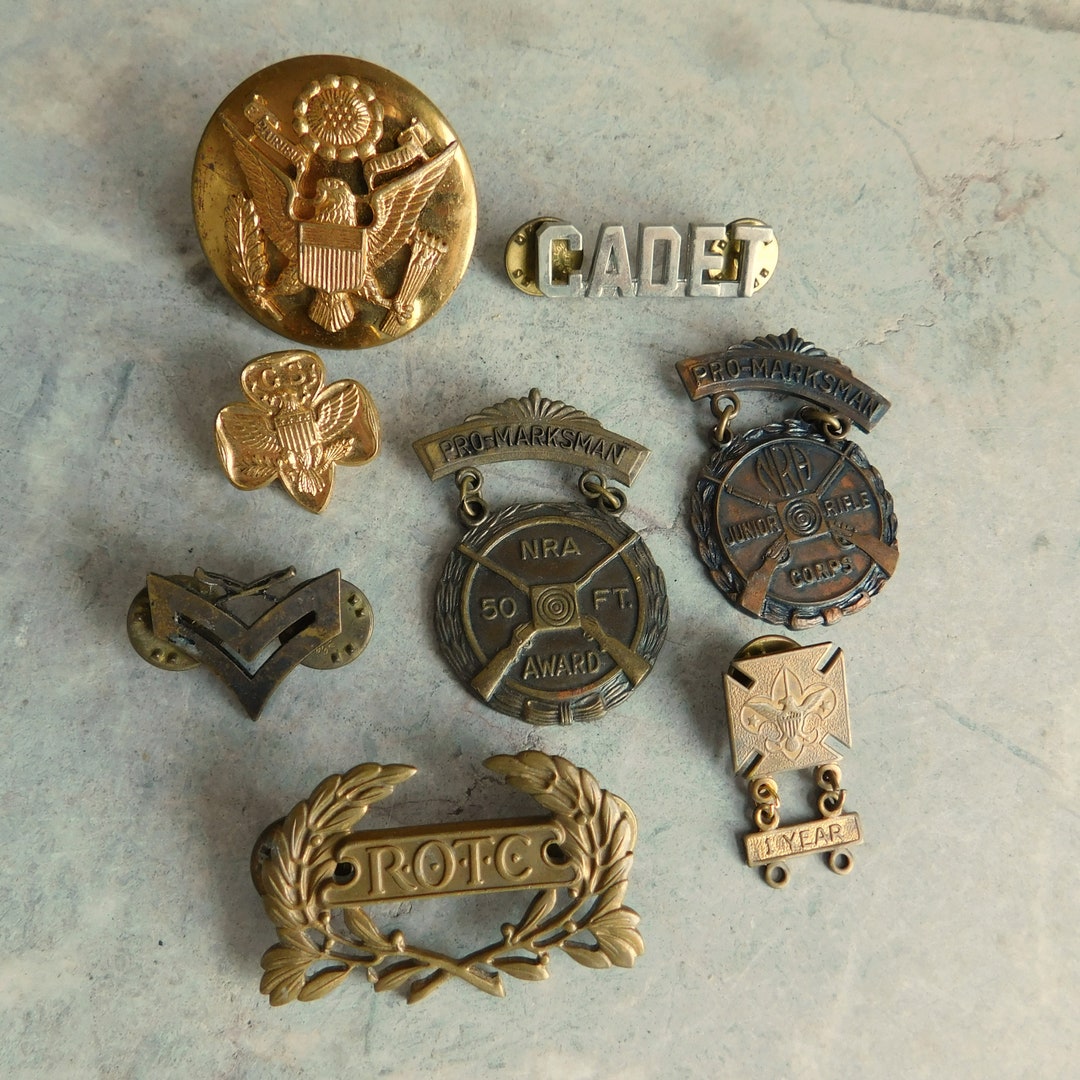 Vintage Lot of Military, NRA and Scouting Medals / Badges / Pins - ROTC - "cadet" - US Army Cap ...