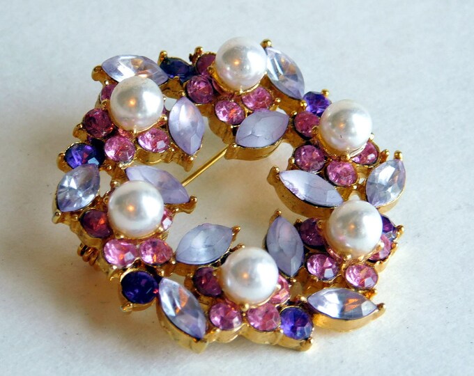 Vintage Pink and Purple Rhinestone Round Brooch With Faux - Etsy