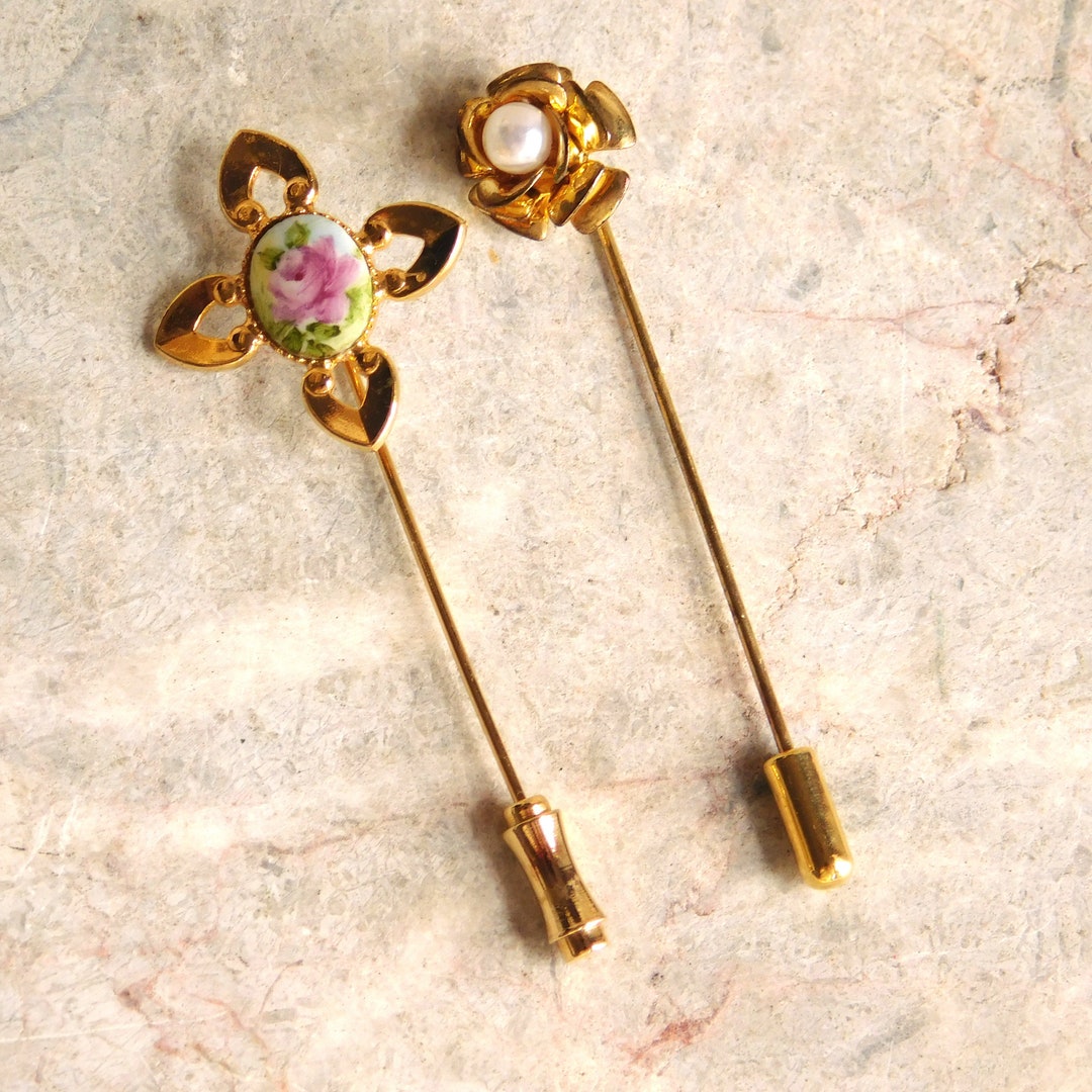 Pair of Vintage Stick Pins - Hand-painted Rose on Porcelain - Faux ...