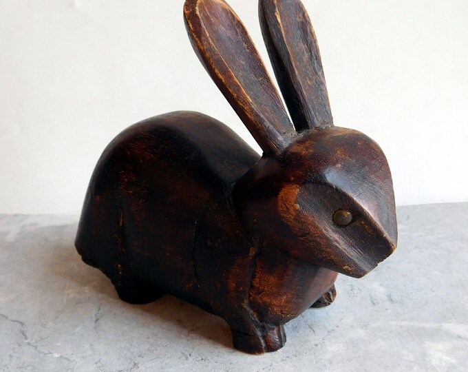 Vintage Folk Art Wooden Bunny Rabbit - Hand-carved Wood, Dark Stained ...