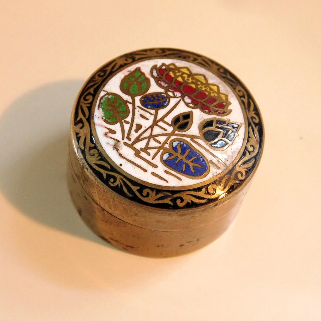 Vintage Brass Tiny Trinket Box W/ Cloisonné Lid - Pill Box - Red ...