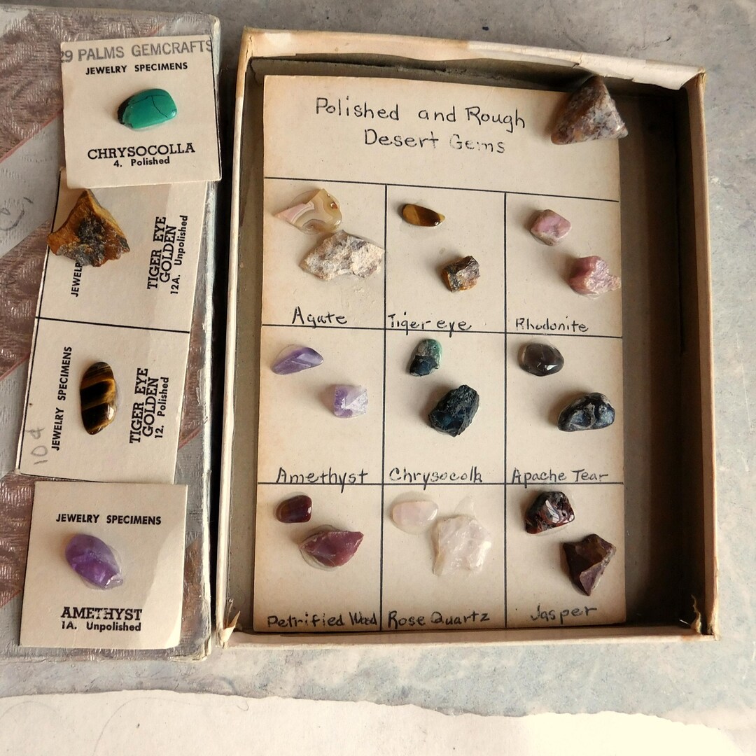 Vintage desert Gems Mineral Samples Arranged in Box Hand-written Labels ...