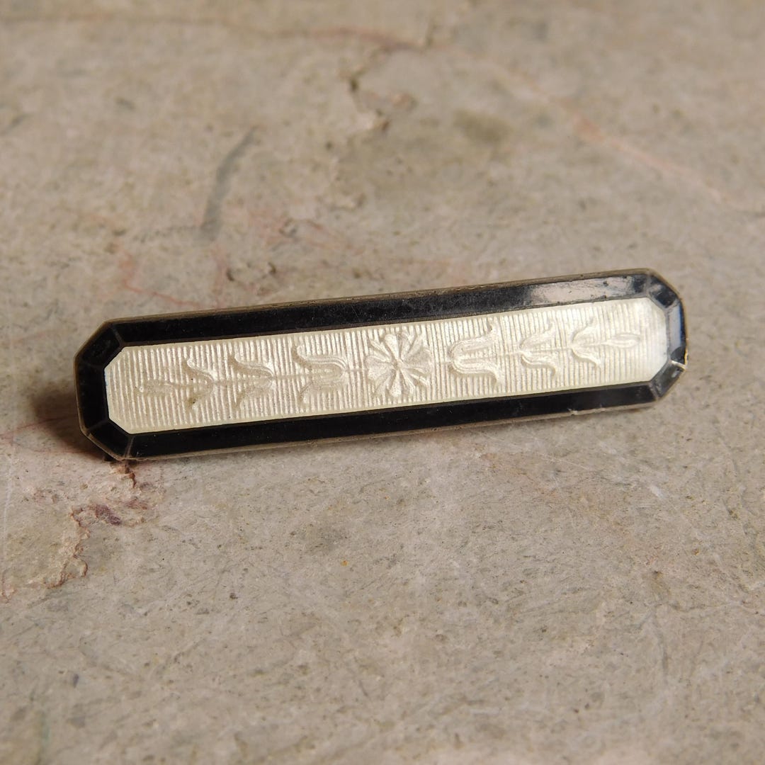 Antique Art Deco Sterling Silver Guilloche Enamel Bar Pin White Flowers ...
