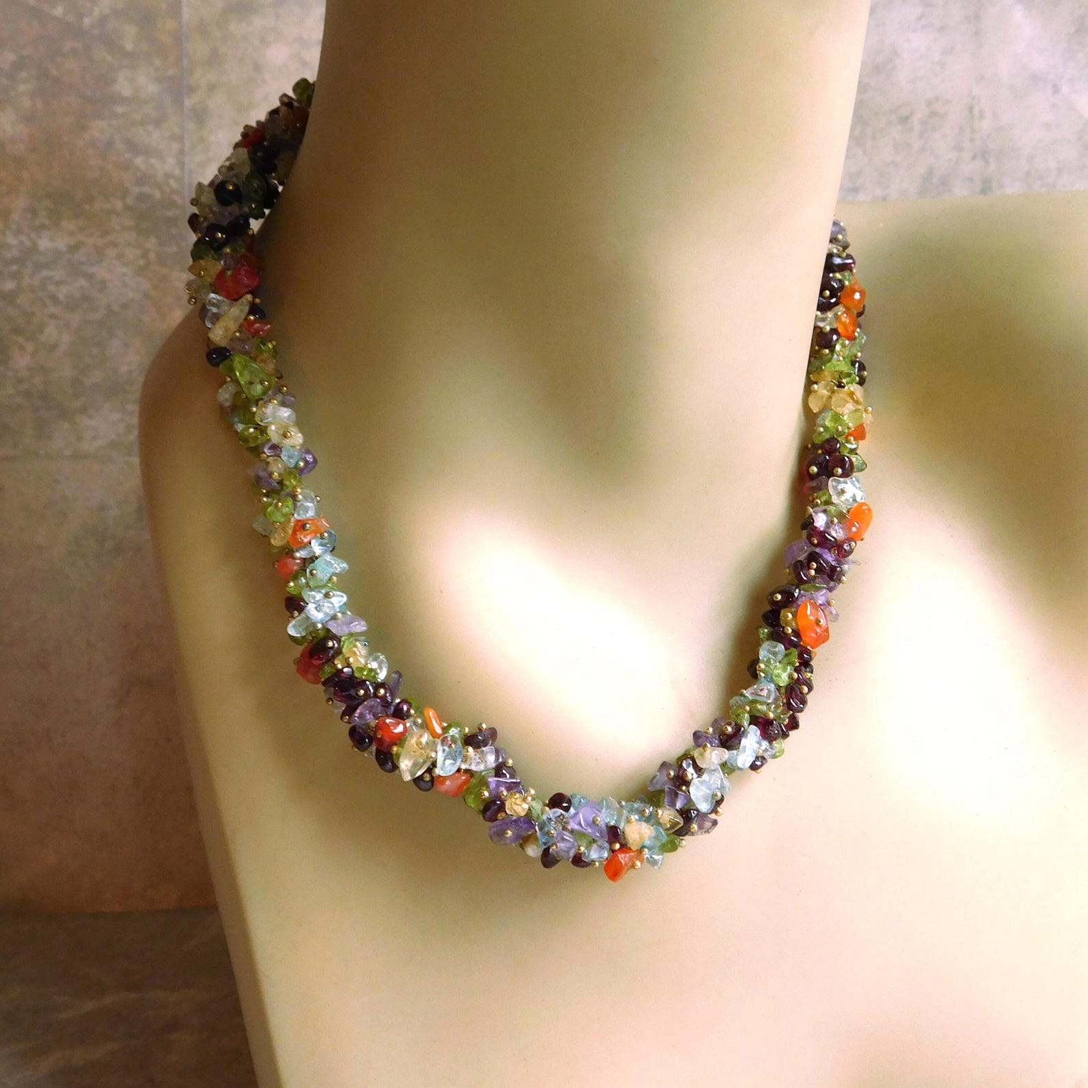 Vintage Multi-gemstone Chip Rope Necklace - Citrine, Peridot, Garnet ...