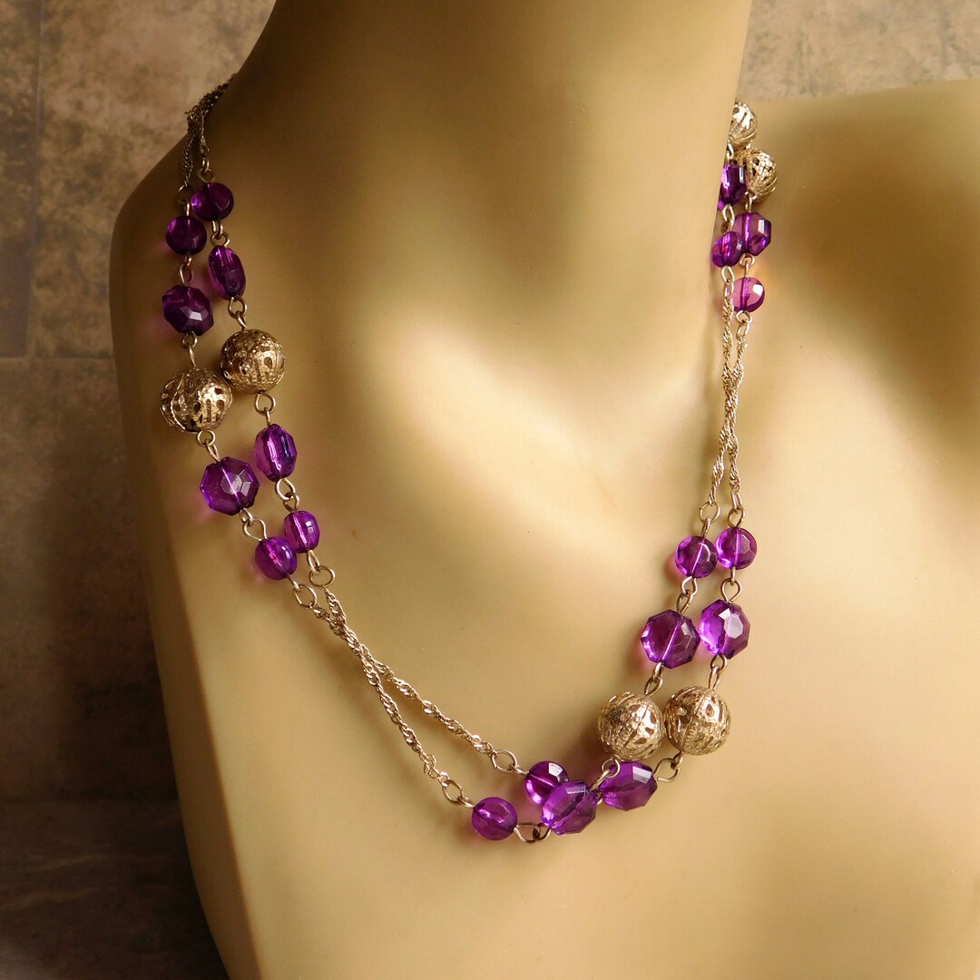 Vintage Long Flapper-style Beaded Necklace 40 Long Purple Clear Plastic ...