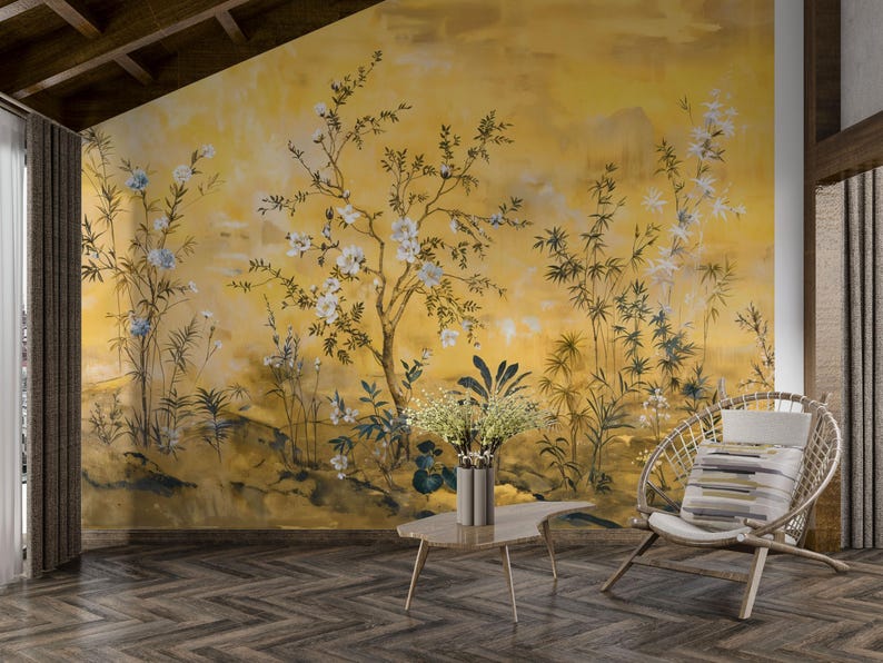 Yellow Chinoiserie Wallpaper: Hand-painted Floral Wall Mural - Etsy