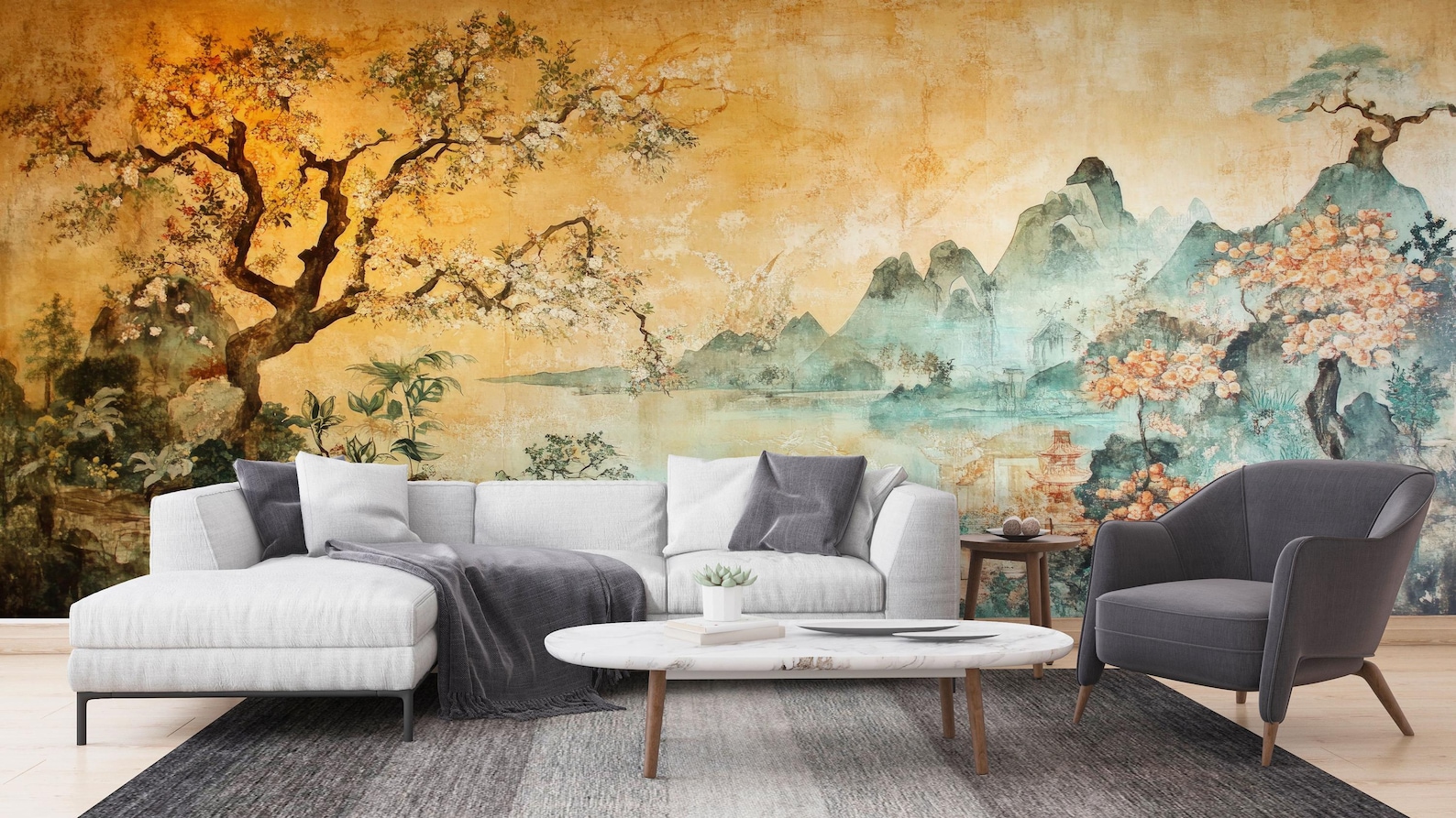 Hand-painted Chinoiserie Wallpaper Mural: Vintage Asian Landscape Wall ...