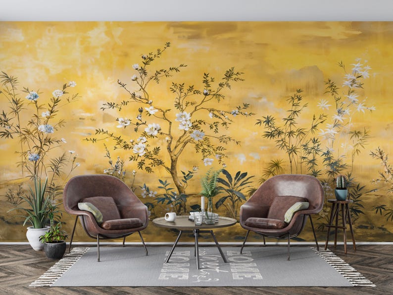 Yellow Chinoiserie Wallpaper: Hand-painted Floral Wall Mural - Etsy