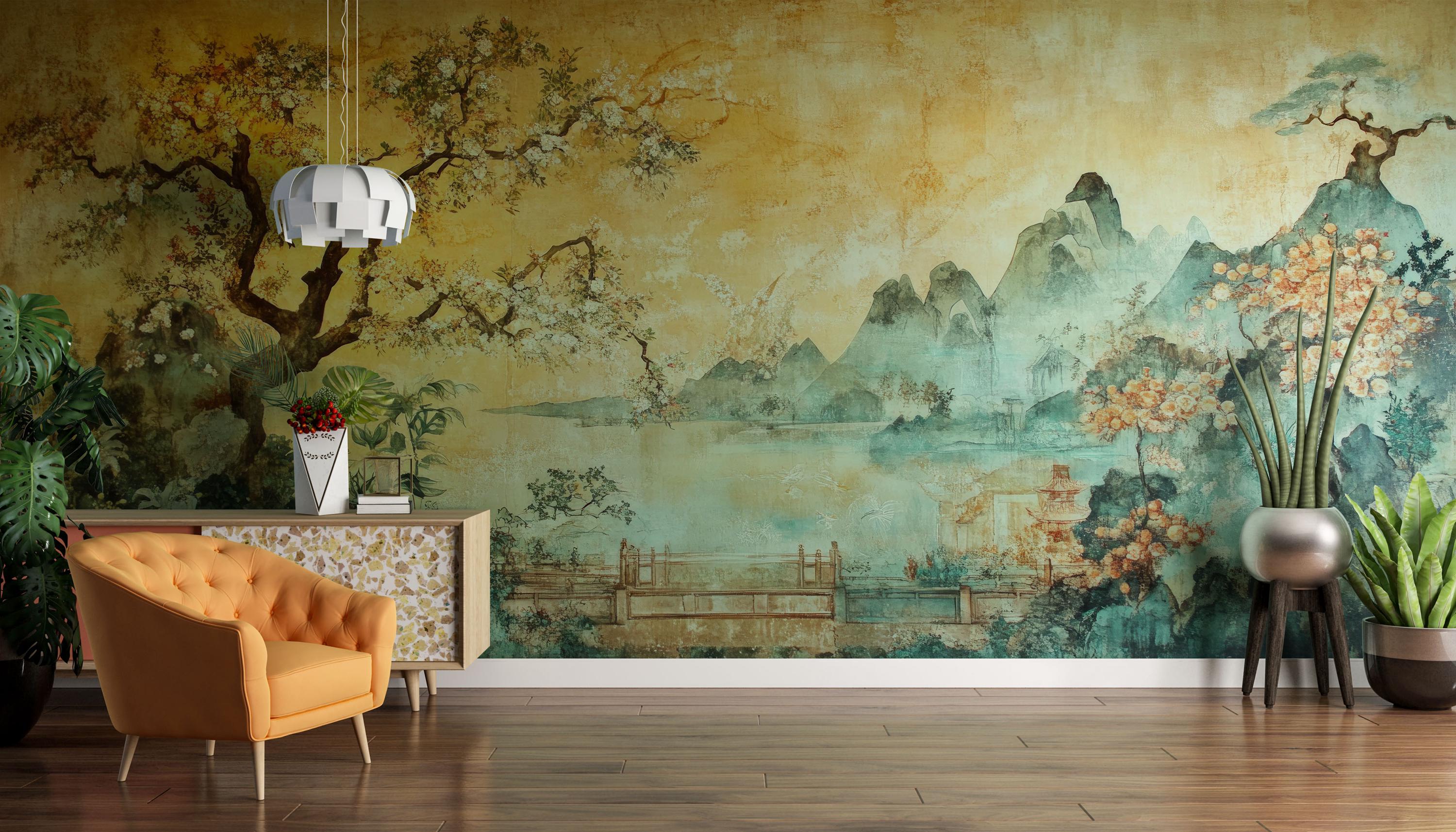 Hand-painted Chinoiserie Wallpaper Mural: Vintage Asian Landscape Wall ...