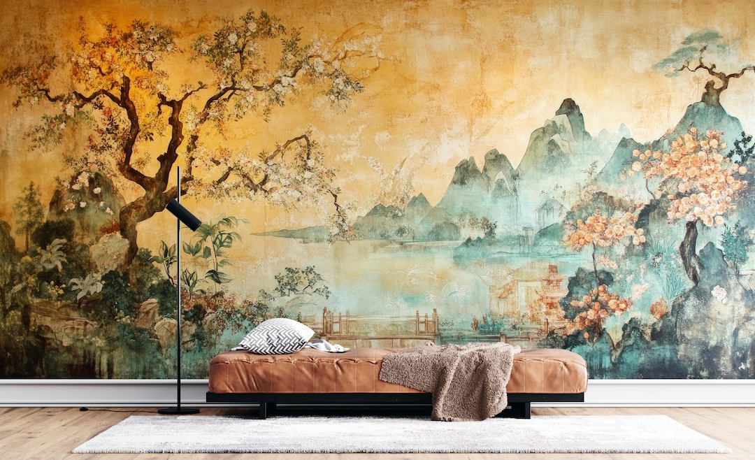 Vintage Asian Mural Wallpaper - Hand-painted Chinoiserie Wall Art ...