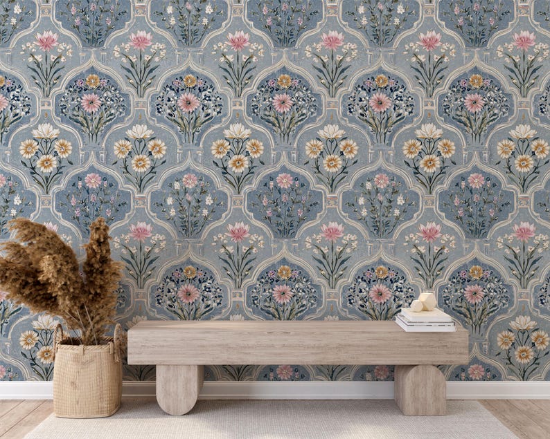 Damask Floral Peel and Stick Wallpaper, Arched Flower Wall Mural ...