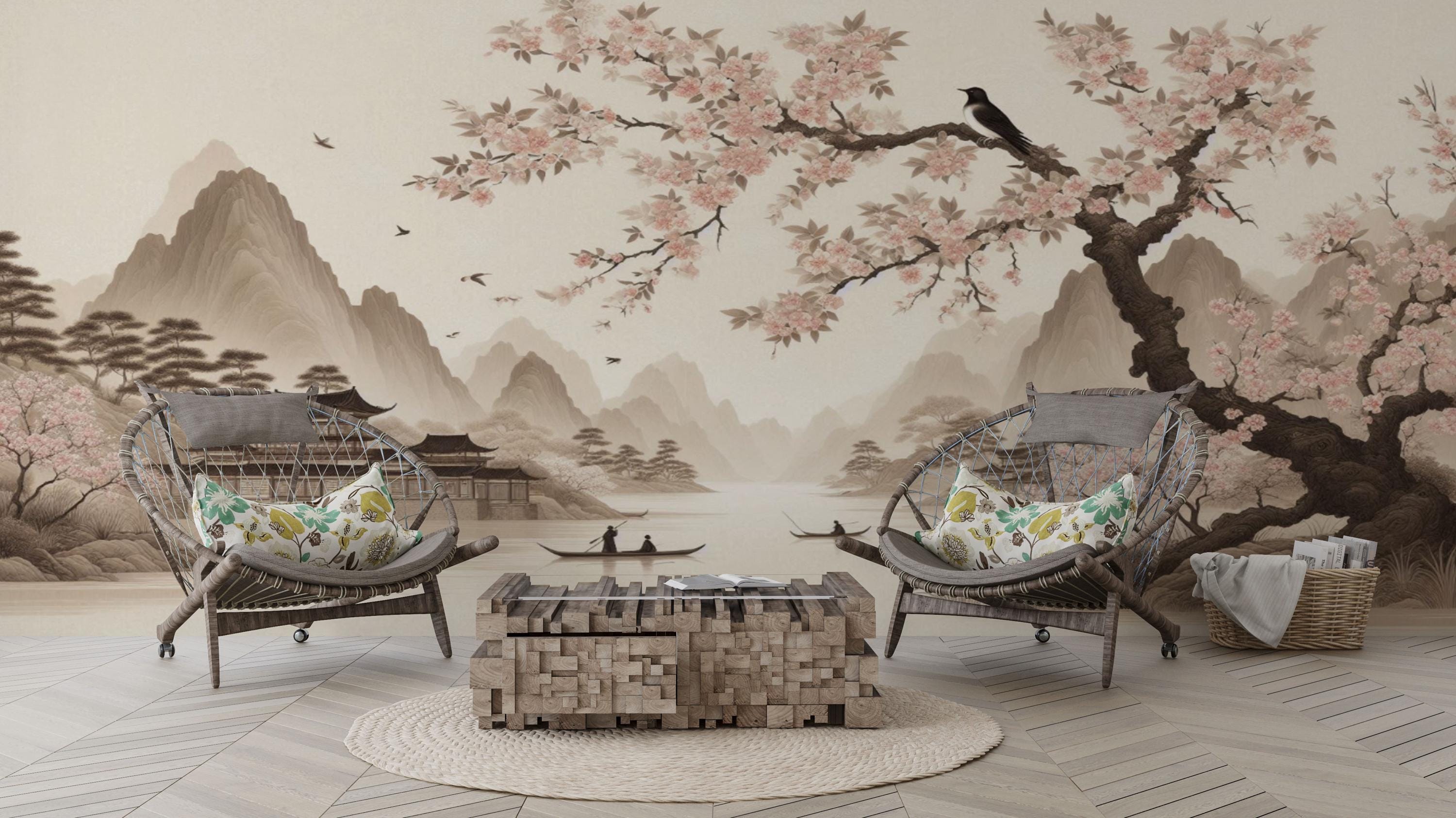 Chinoiserie Wallpaper, Japanese Wall Mural, Japanese Art Watercolor ...
