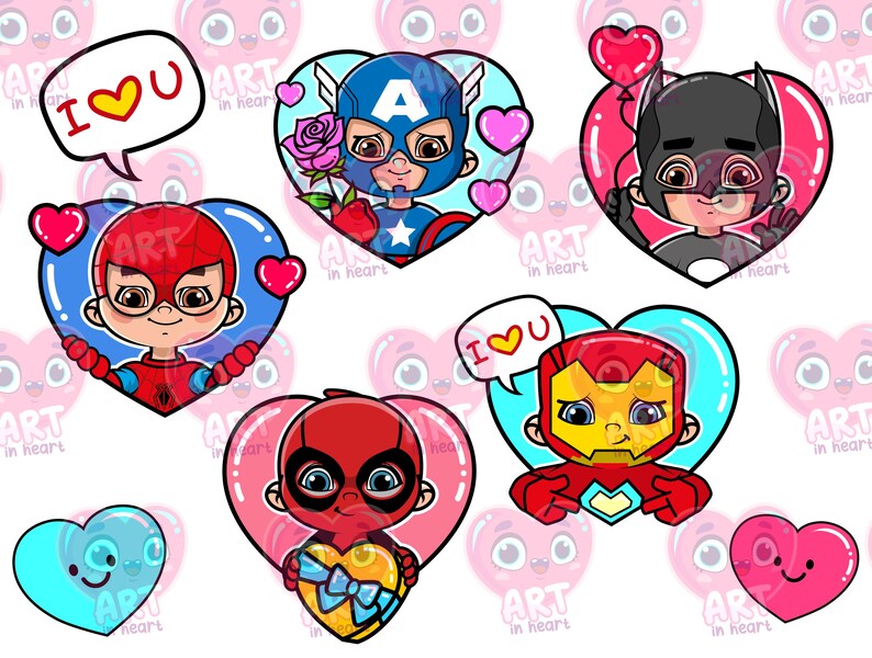Valentine Superheroes PNG Bundle, Cute Cartoon Boys Clipart Set, Love ...