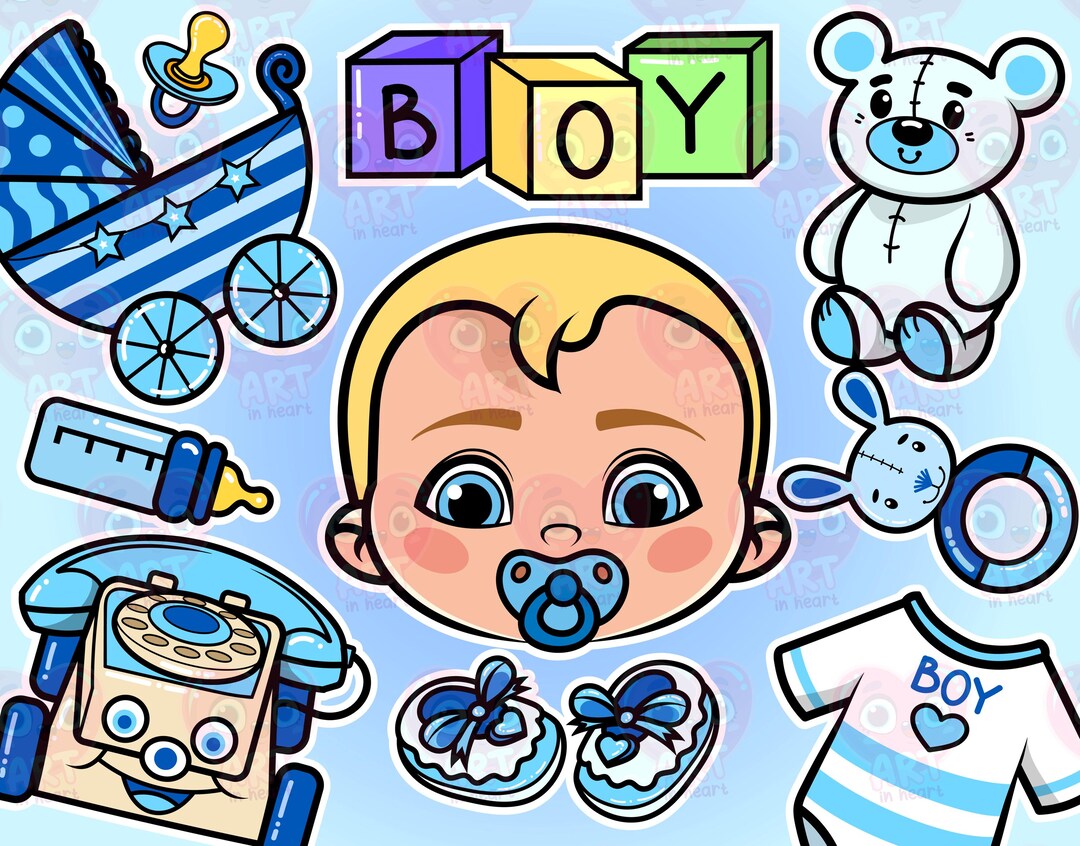 Baby Boy Clipart Bundle Blue Stroller Teddy Rattle Onesie Pacifier ...