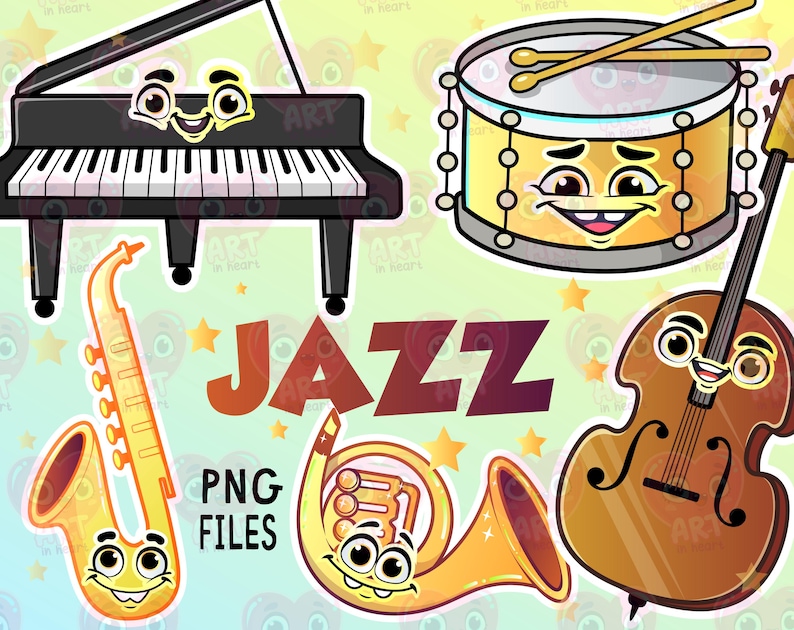 Jazz Music Instruments Clipart PNG Bundle With Saxophone Piano Drum ...