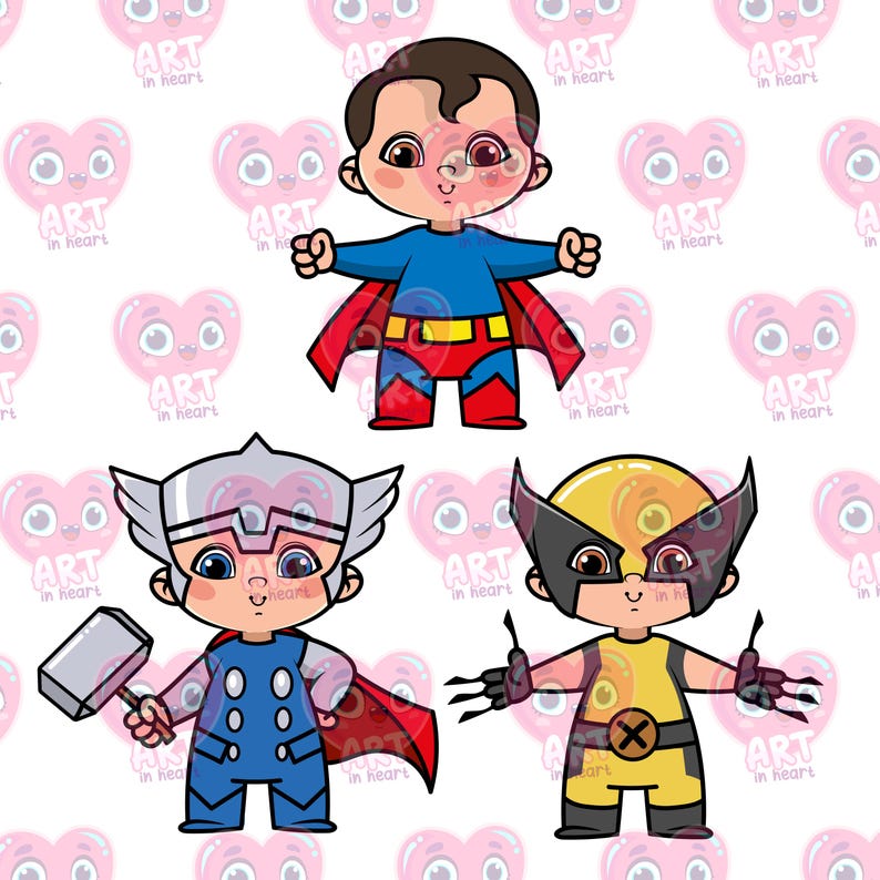 Cute Superhero Boys Clipart PNG Bundle With Capes Masks Hammer Claws ...