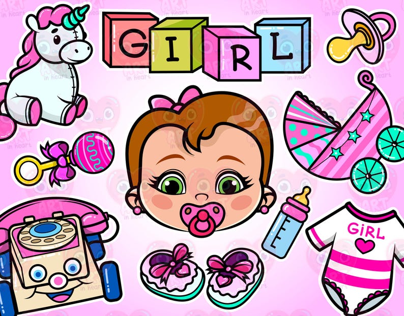 Baby Girl Clipart Bundle Pink Stroller Unicorn Rattle Onesie Pacifier ...