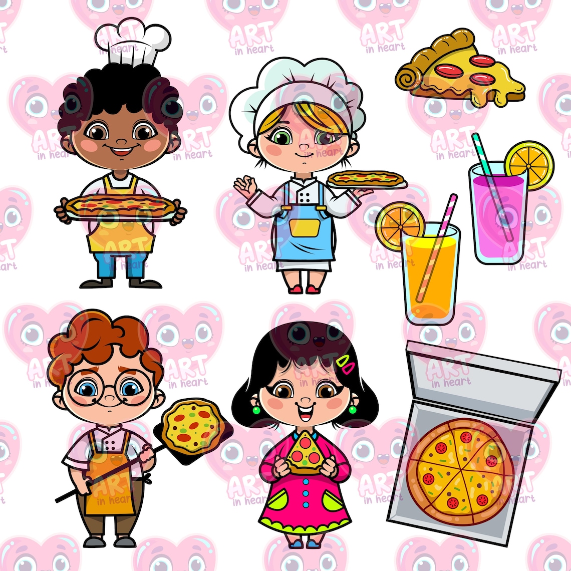 Pizza Party Kids Clipart PNG Bundle With Chefs, Slices, Juice, Delivery ...