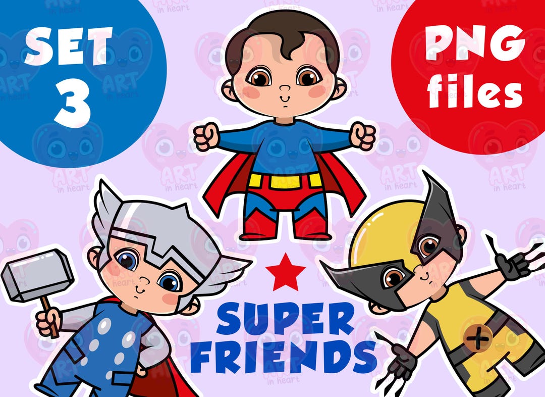 Cute Superhero Boys Clipart PNG Bundle With Capes Masks Hammer Claws ...