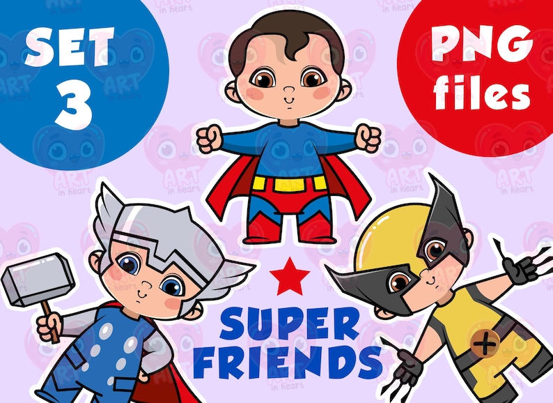 Cute Superhero Boys Clipart PNG Bundle With Capes Masks Hammer Claws ...