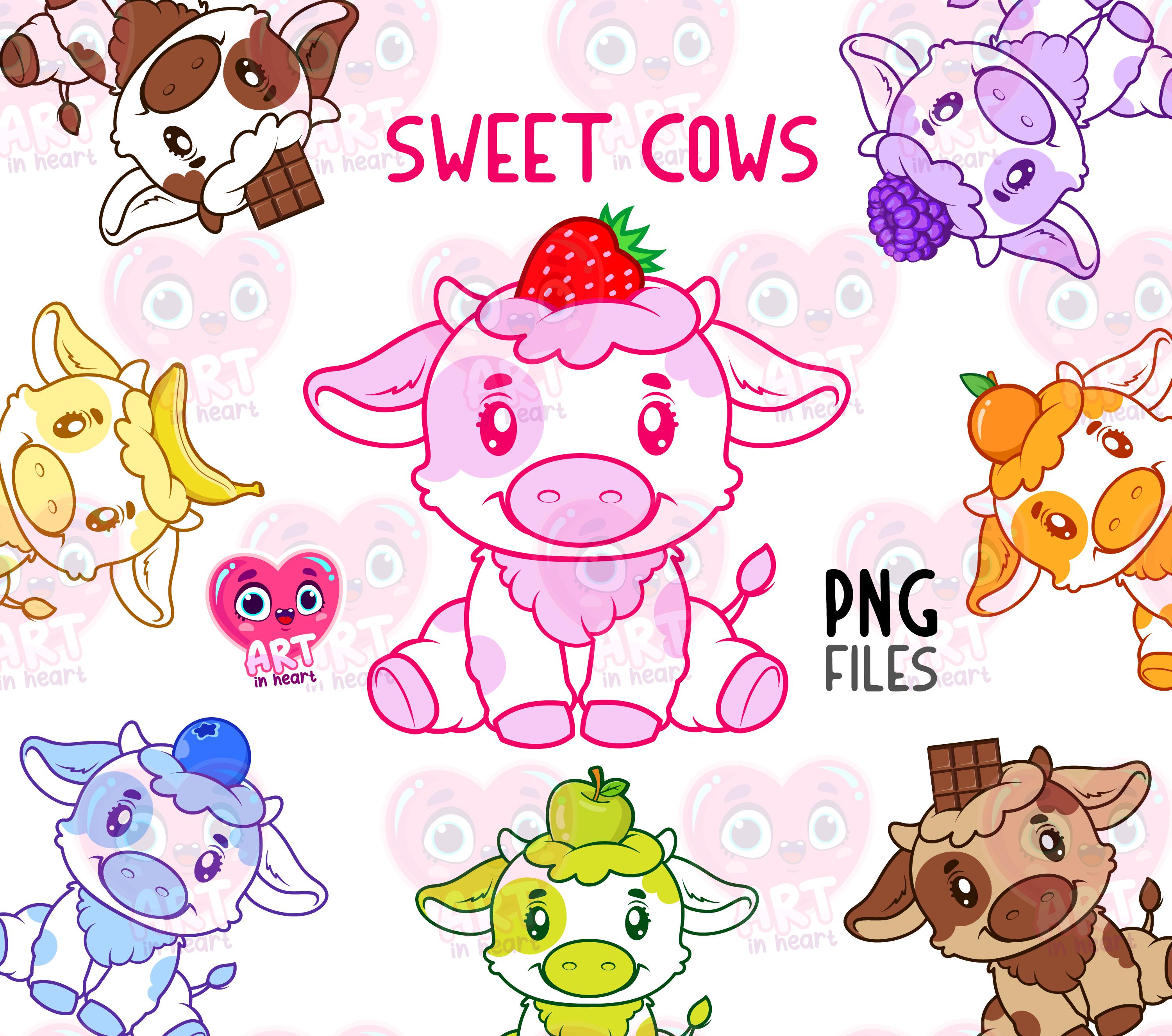 Sweet Cows Clipart, Cute Kids Clipart, Cute Cows Bundle, Chibi Cow Png ...