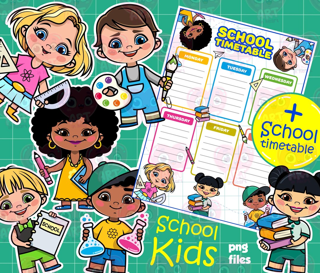 Cute School Kids Clipart PNG Bundle With Science Art Supplies Timetable ...