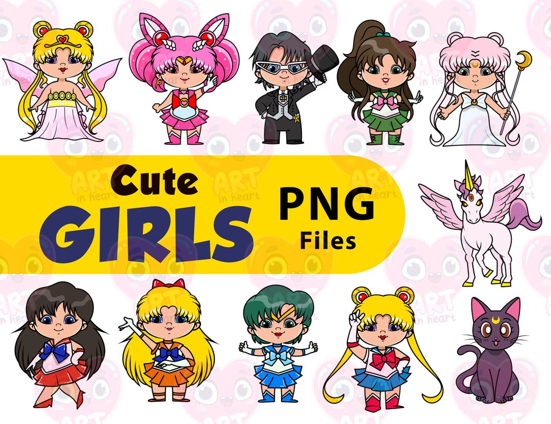 Cute Magical Girls PNG Clipart, Cartoon Characters Bundle With Pets and ...