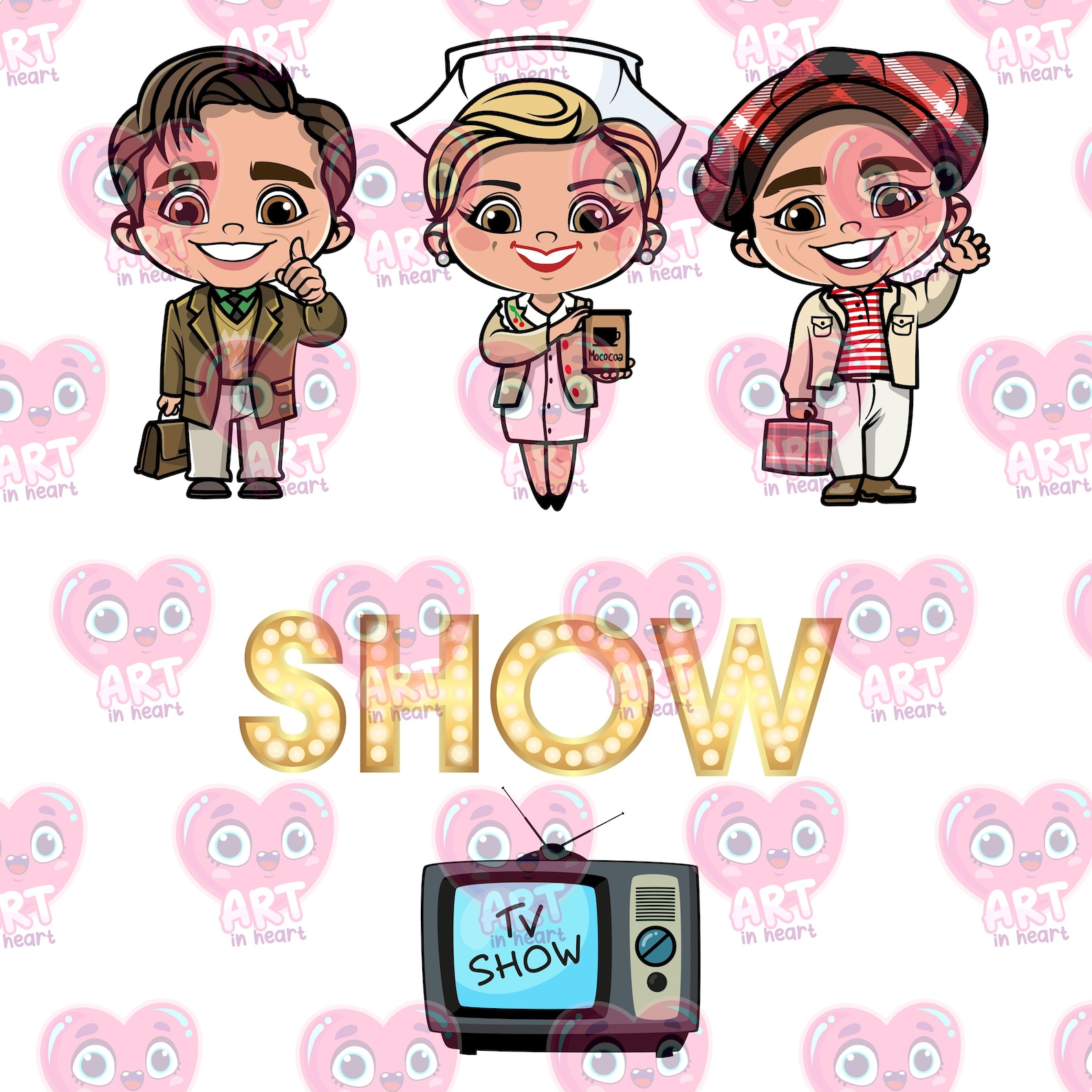 Retro TV Show Characters PNG Set, Cute Cartoon People Clipart Bundle ...