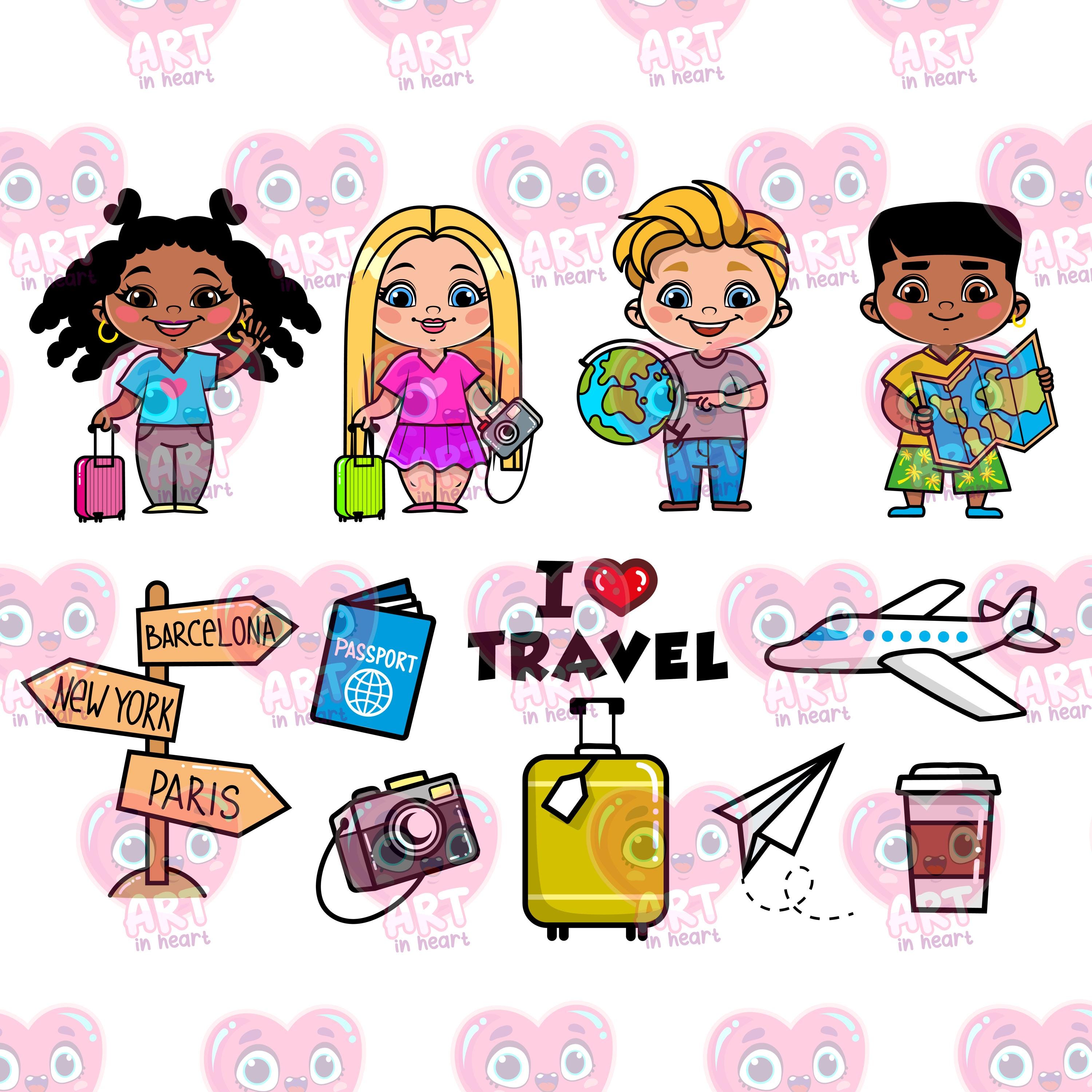 Travel Kids Clipart PNG Bundle, Cute Cartoon Travelers Illustration Set ...
