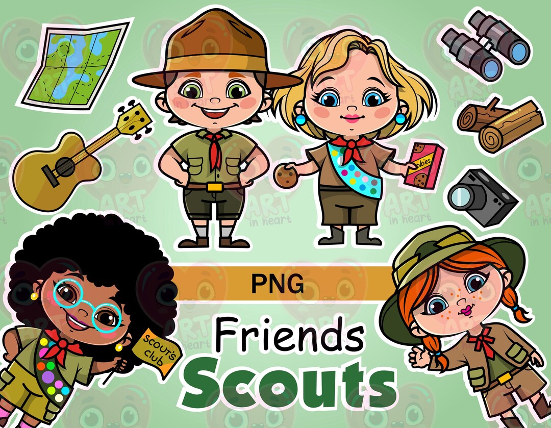 Scout Kids Clipart, Camping PNG Bundle, Outdoor Cartoon Set With Maps ...