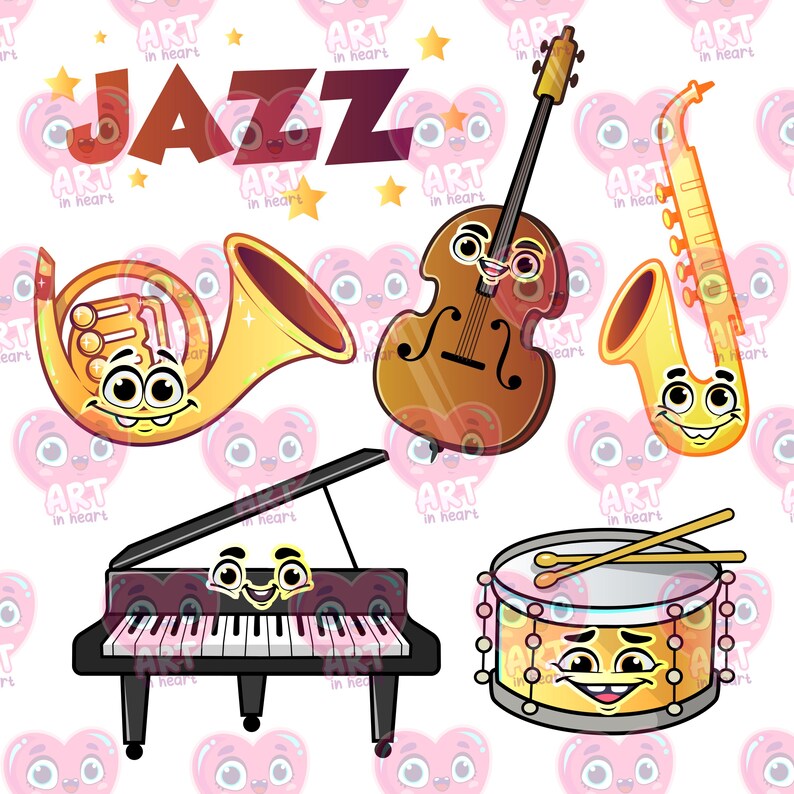 Jazz Music Instruments Clipart PNG Bundle With Saxophone Piano Drum ...