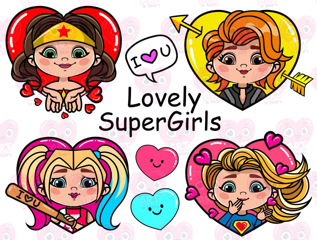 Valentine Supergirls PNG Bundle, Cute Cartoon Hero Girls Clipart, Love ...