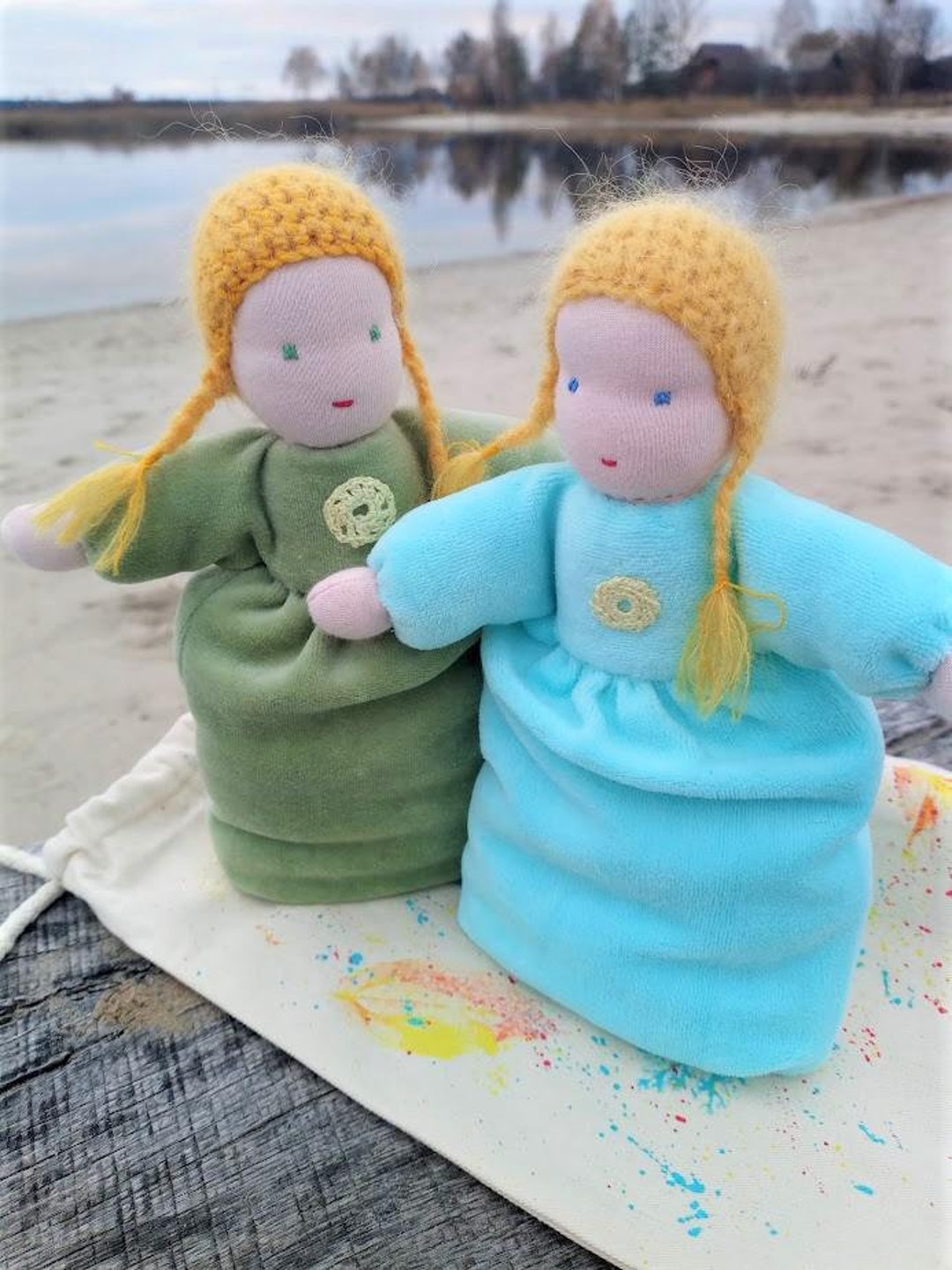 A Set of Textile Baby Dolls in Art Cotton Bag. Natural Eco Toy for Baby ...
