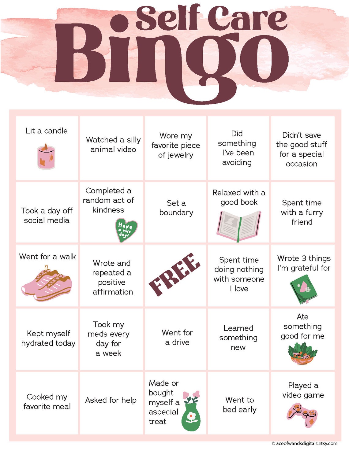 Self-care Bingo Cards for BUJO Bullet Journal Digital Planners 12 ...