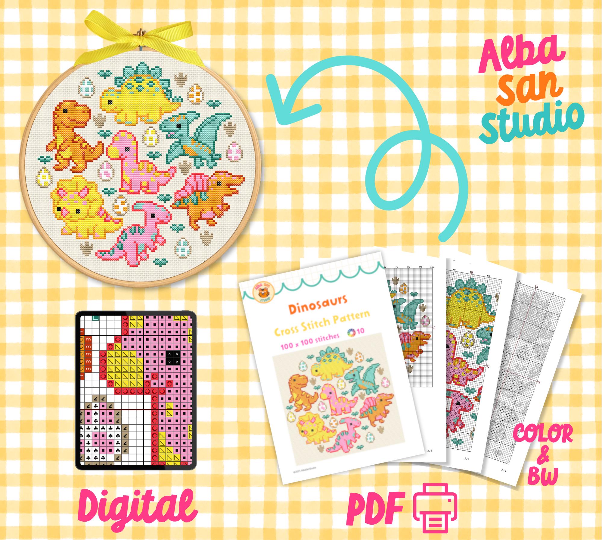 Kawaii Dinosaurs Cross Stitch Pattern | 100×100 Stitches • 10 Colors ...