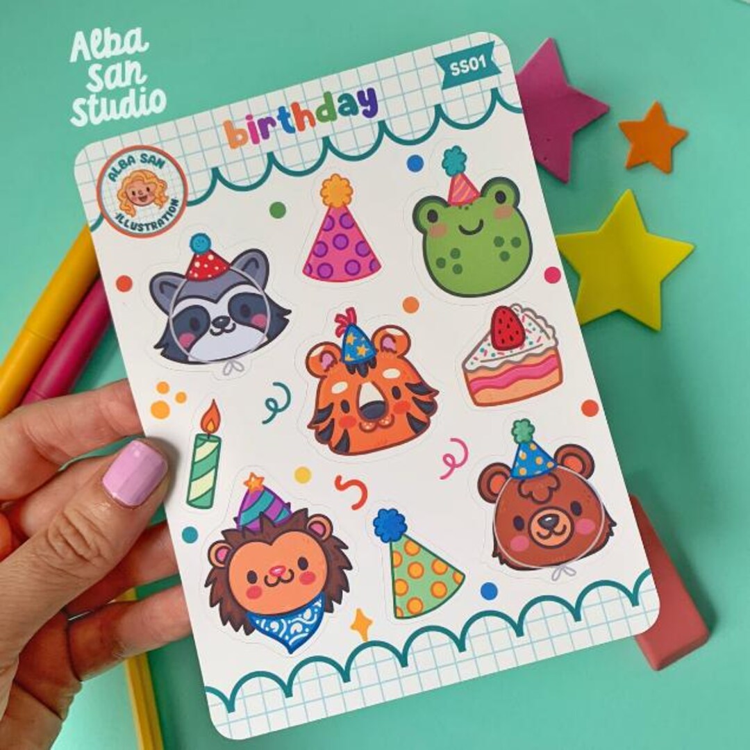 Birthday Animal Party Sticker Sheet - Kawaii Style - Animals Birthday ...