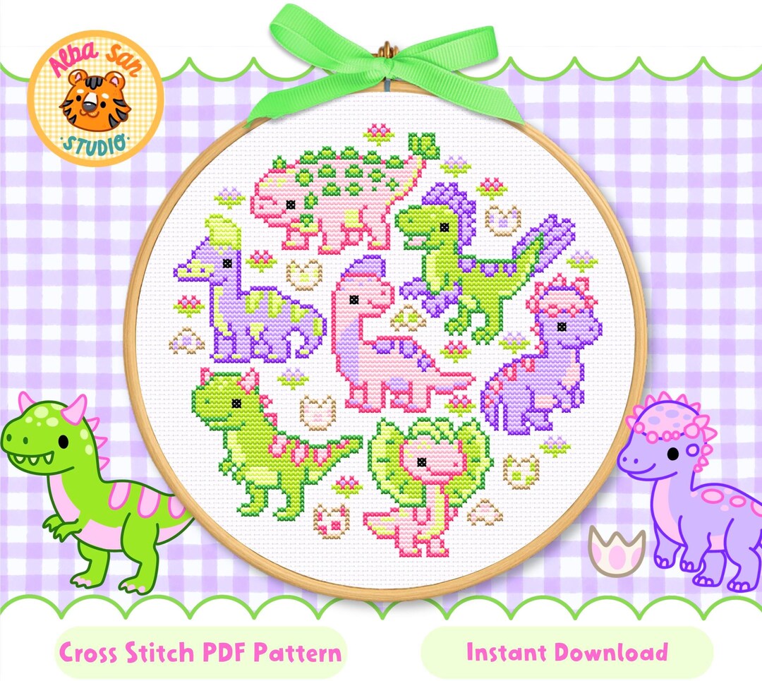 Dinosaurs Cross Stitch Pattern 2 • 100×100 Stitches • 10 Colors ...