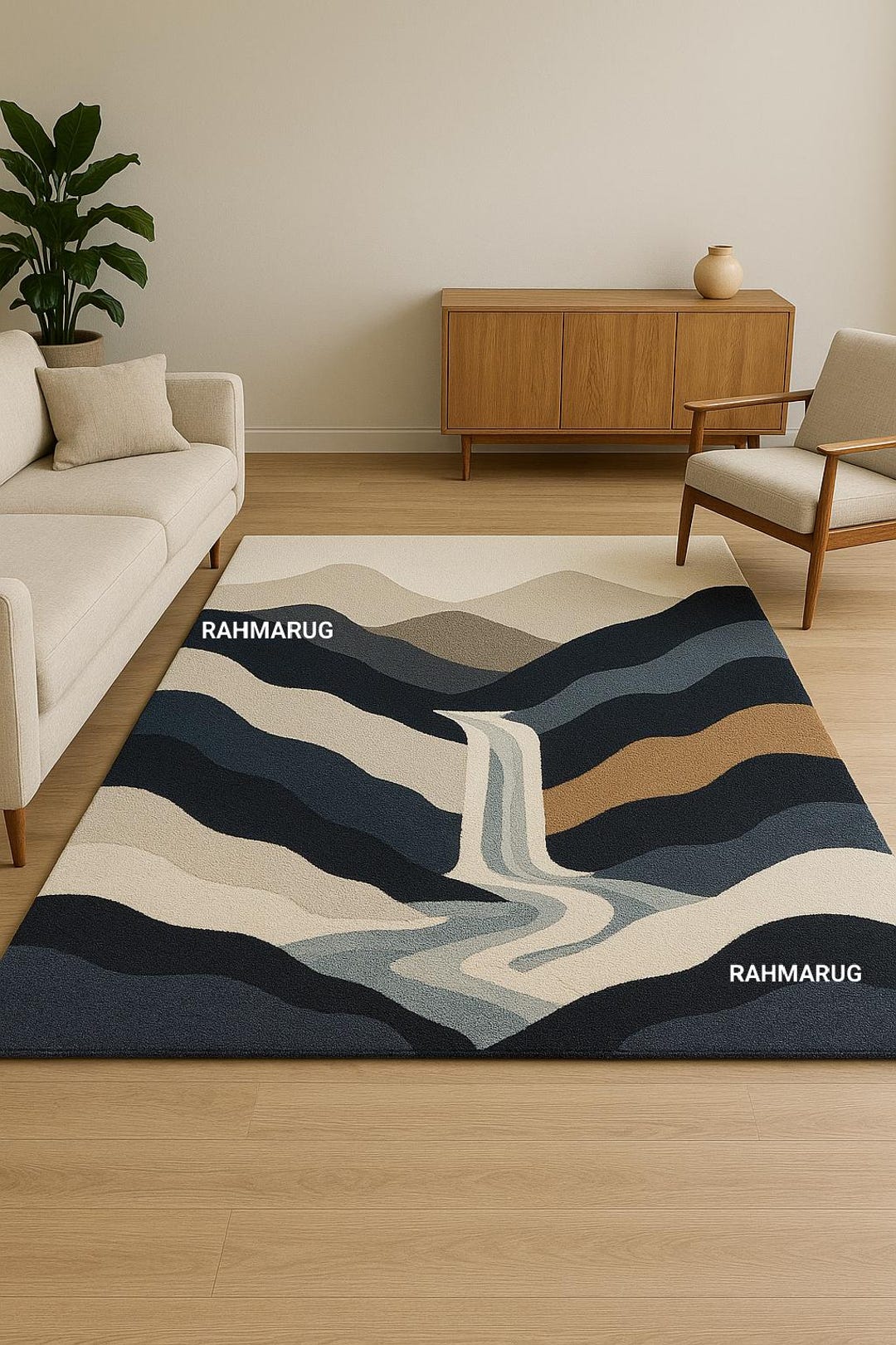 Modern Abstract Waterfall Landscape Hand-tufted Rug – Beige, Blue ...