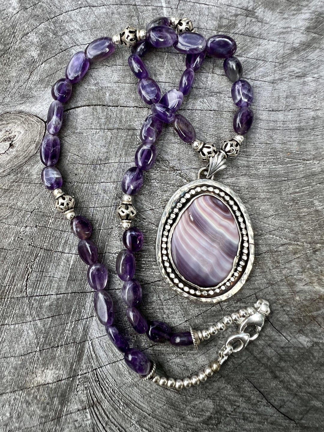 Sterling Silver Wampum Pendant and Amethyst 18" Necklace With SS Bali ...