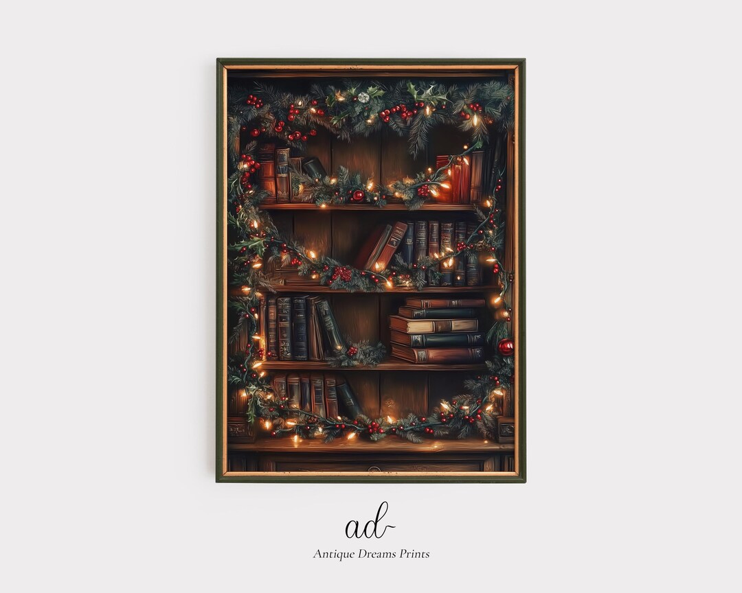 Moody Christmas Bookshelf Print, Christmas Printable Wall Art, Dark ...