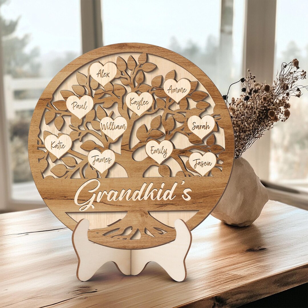 Personalized Grandkids Family Tree Wood Sign, Engraved Wood Family Tree ...