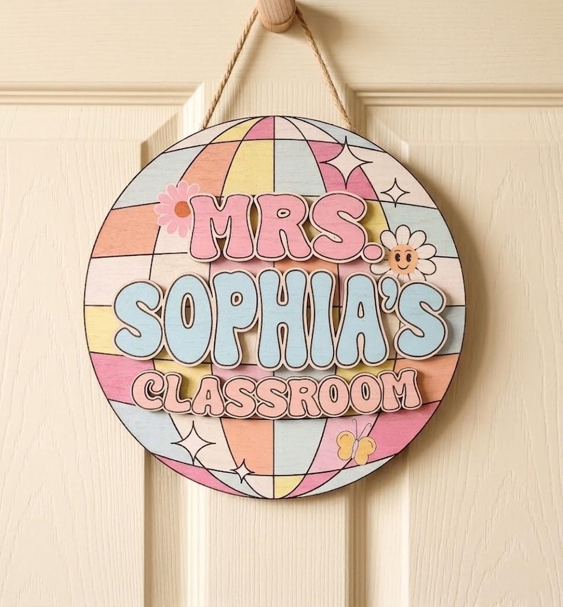 Retro Classroom Door Sign for Teacher, Personalized Teacher Name Sign ...
